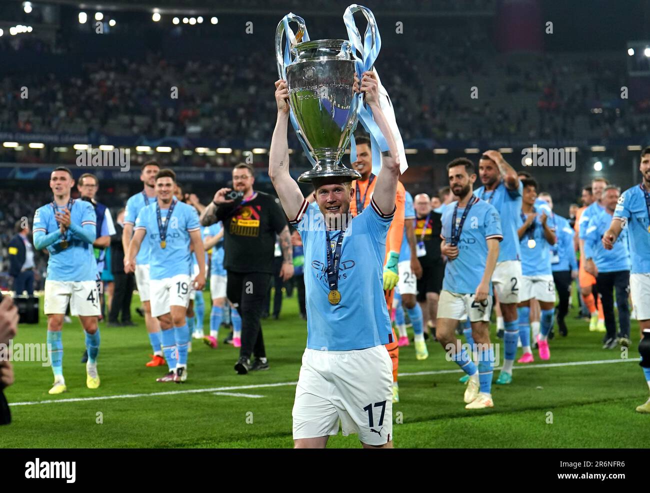 Manchester City's Kevin De Bruyne with the UEFA Champions League Trophy ...