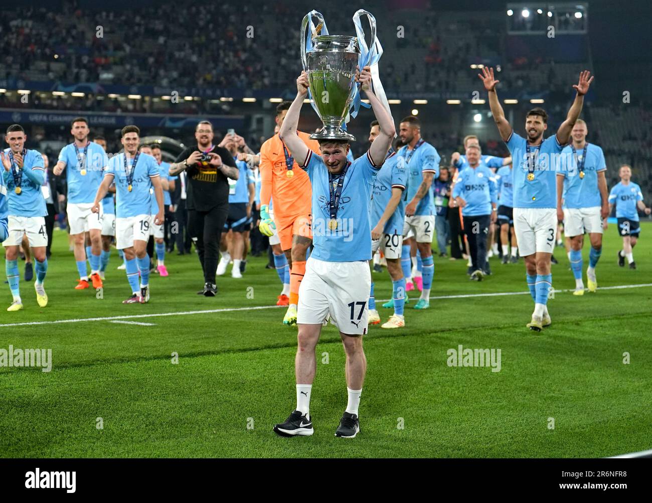 Manchester City's Kevin De Bruyne with the UEFA Champions League Trophy ...