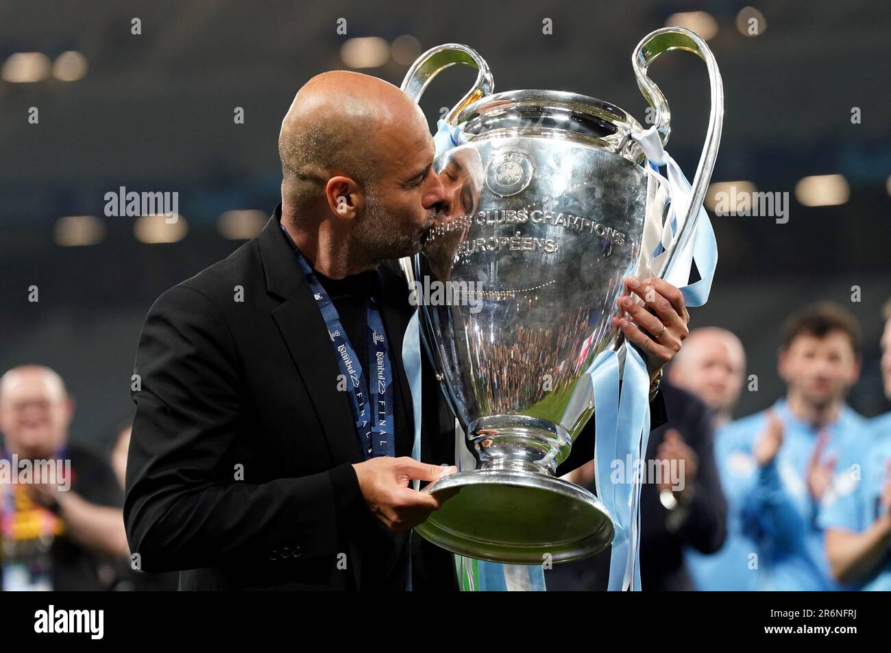Manchester City manager Pep Guardiola with the UEFA Champions League ...