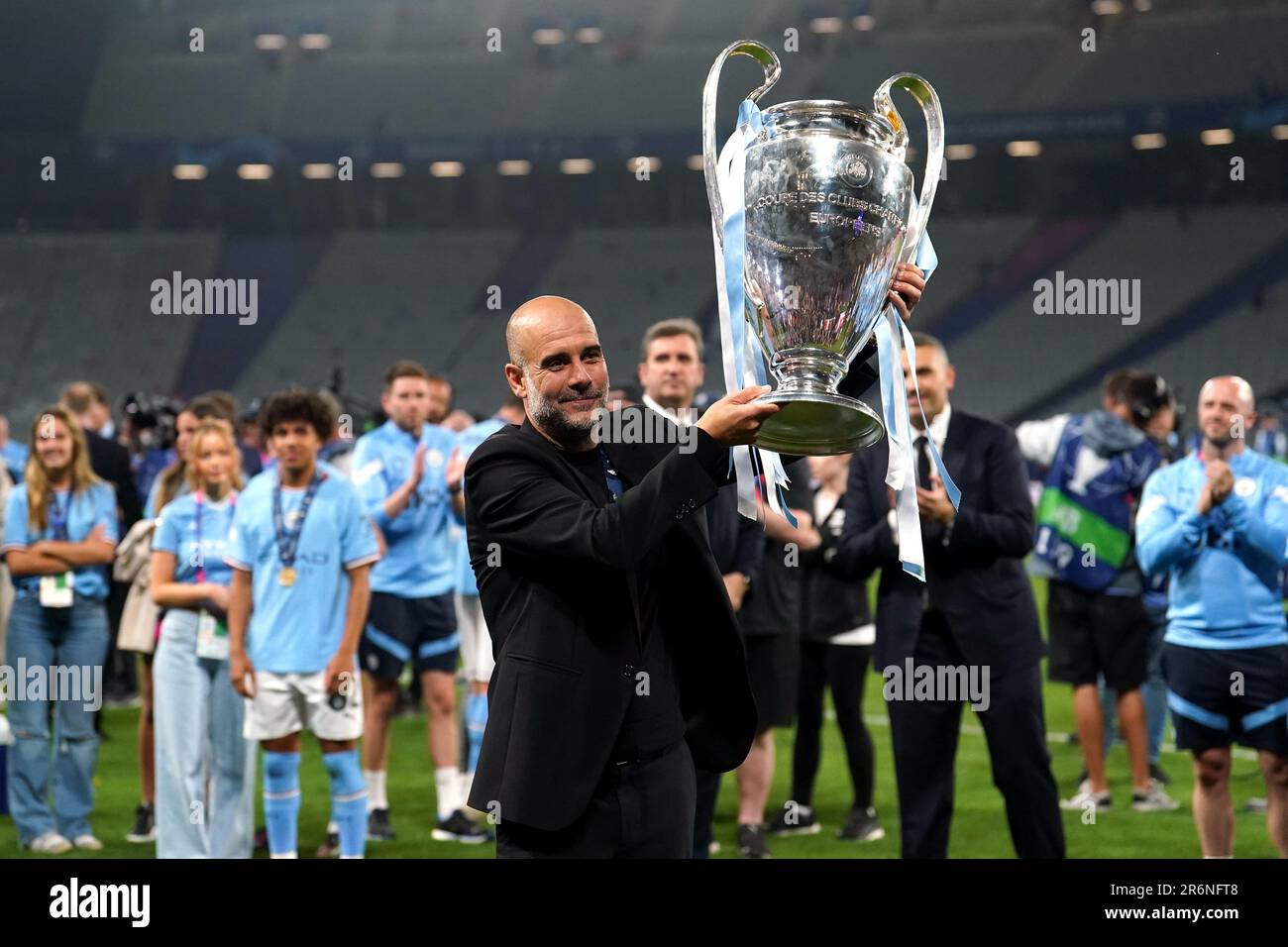 Manchester City manager Pep Guardiola with the UEFA Champions League ...