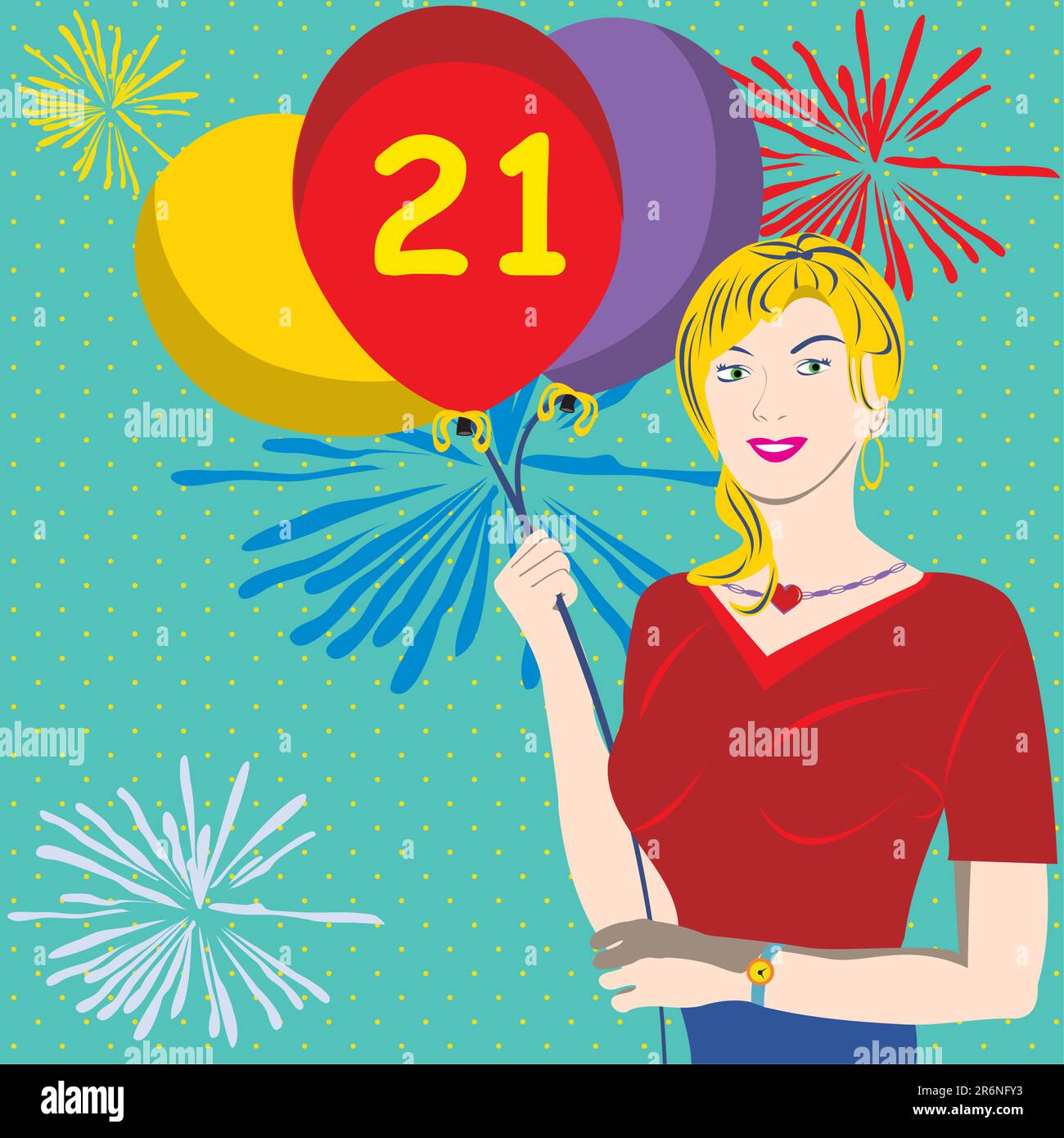 Vector illustration of a young female holding balloons. The 21 on a red ...