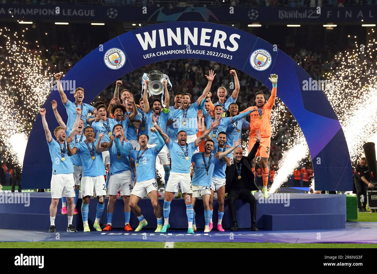 Manchester City's Ilkay Gundogan lifts the UEFA Champions League Trophy ...