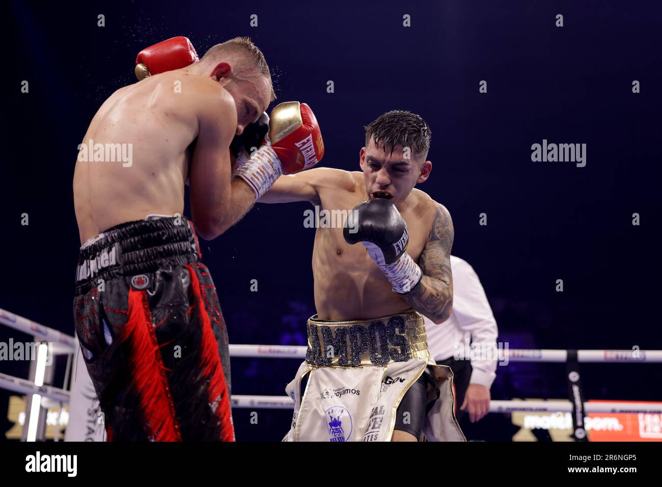 Andres Campos (right) hits out at Sunny Edwards during the IBF Flyweight World Title match at ...