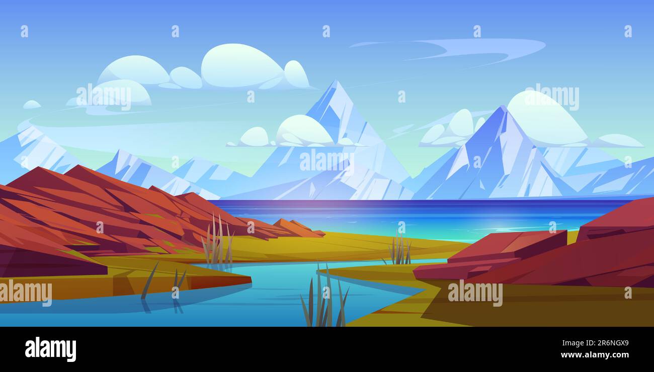 Mountain landscape with river delta. Vector cartoon illustration of ...