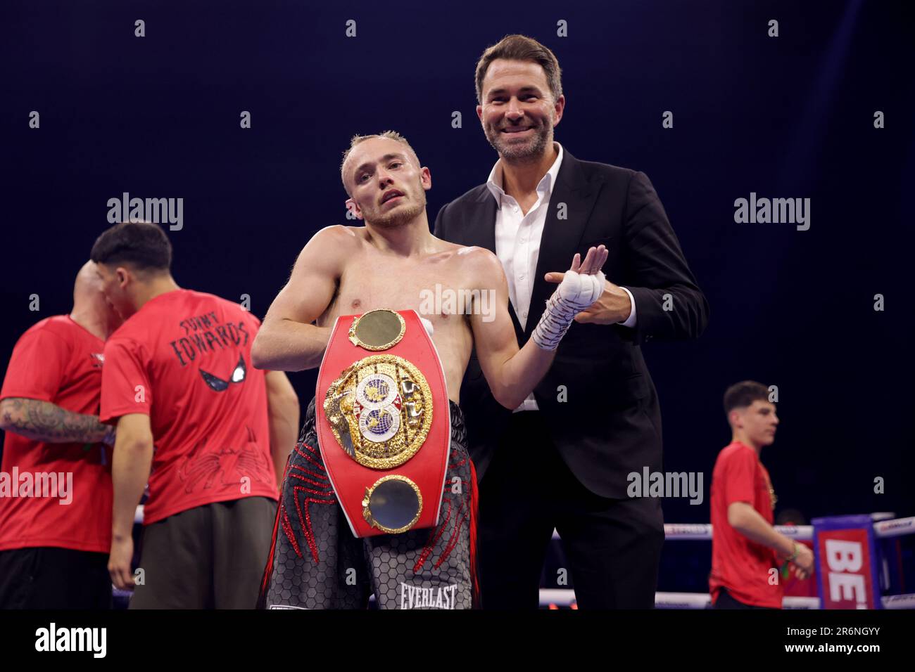 Sunny Edwards poses with his belt and Boxing Promoter Eddie Hearn ...