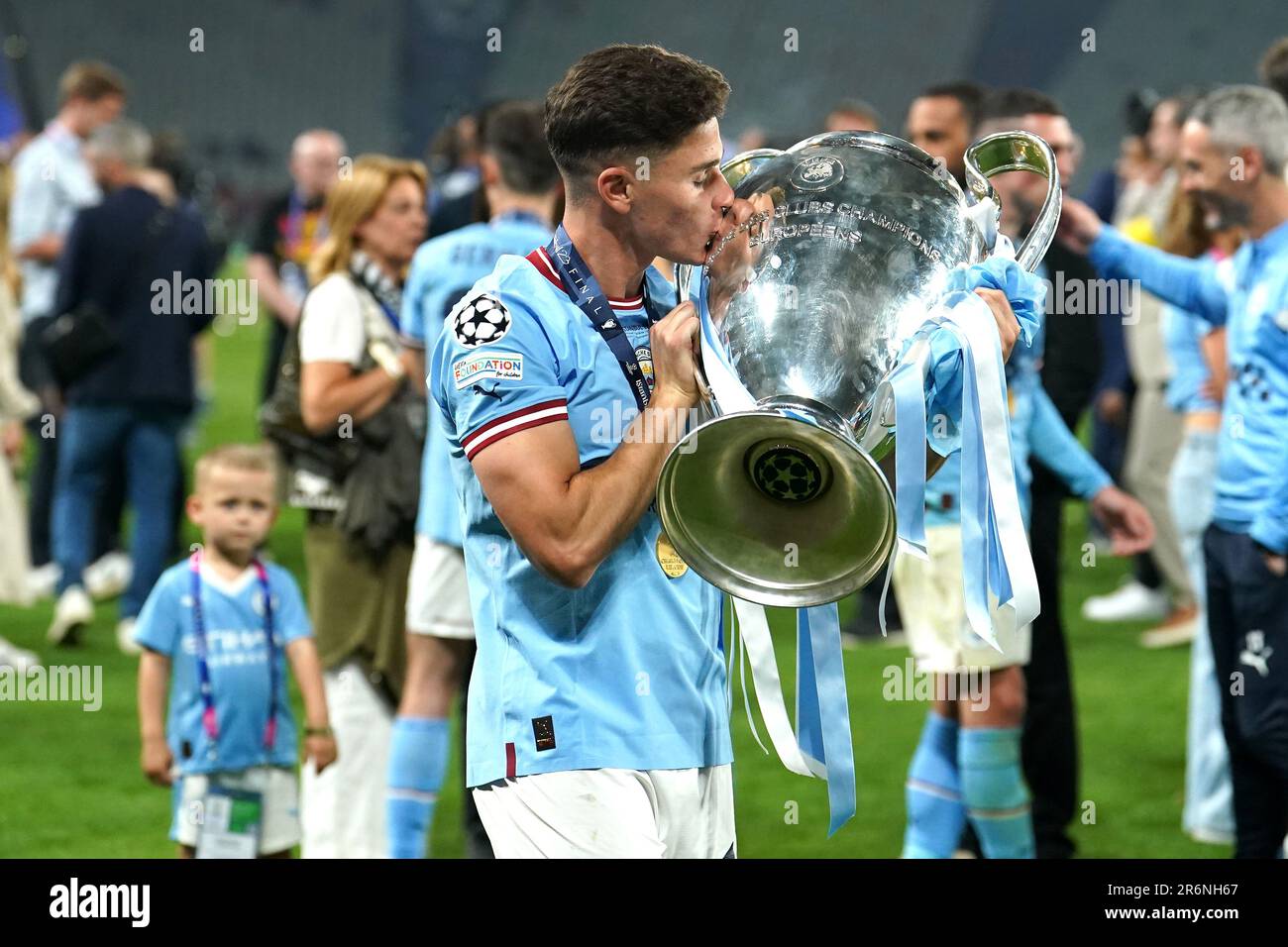 Manchester City's Julian Alvarez with the UEFA Champions League Trophy ...