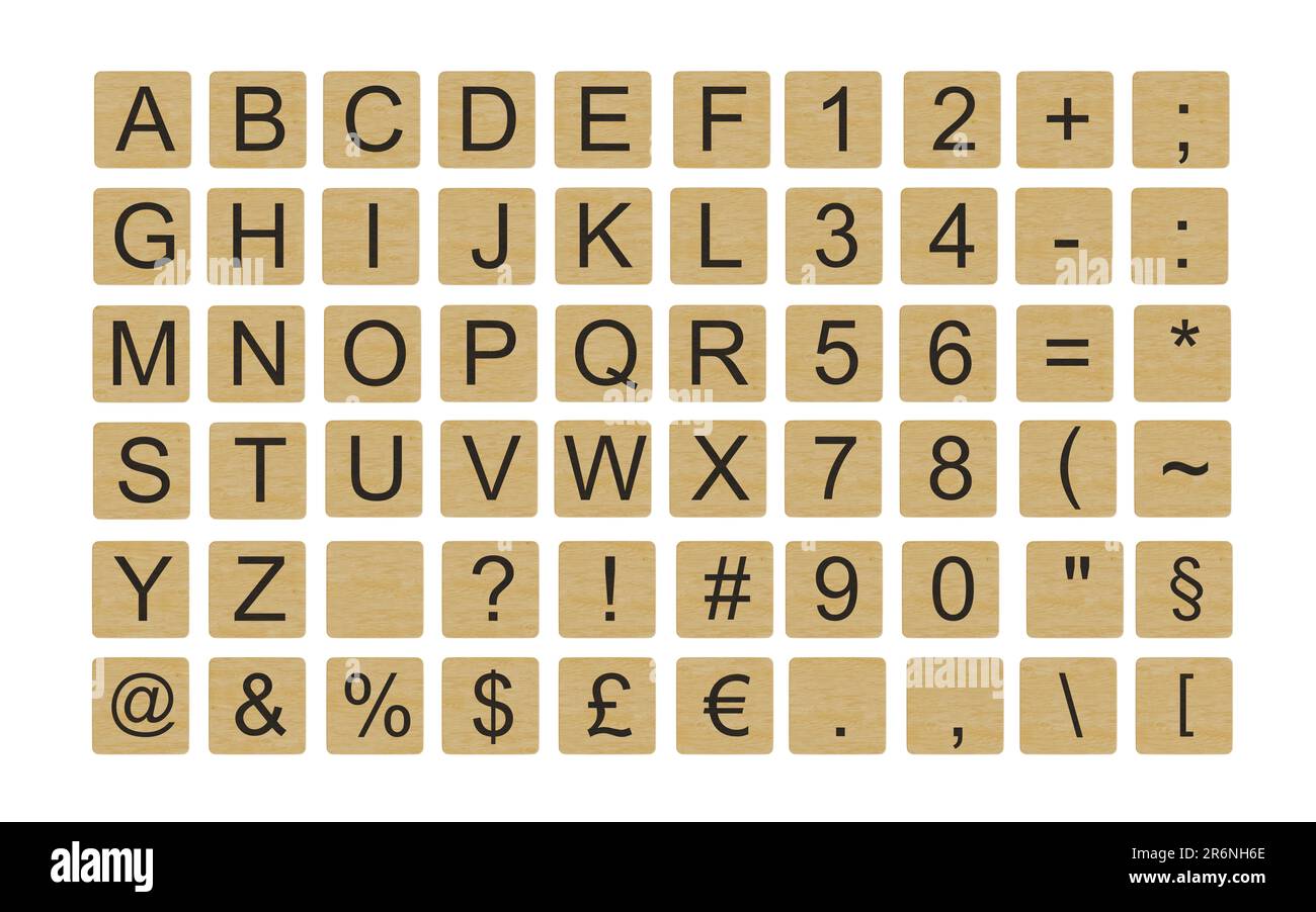 Alphabet, digits and various signs written on wooden blocks. Isolated ...