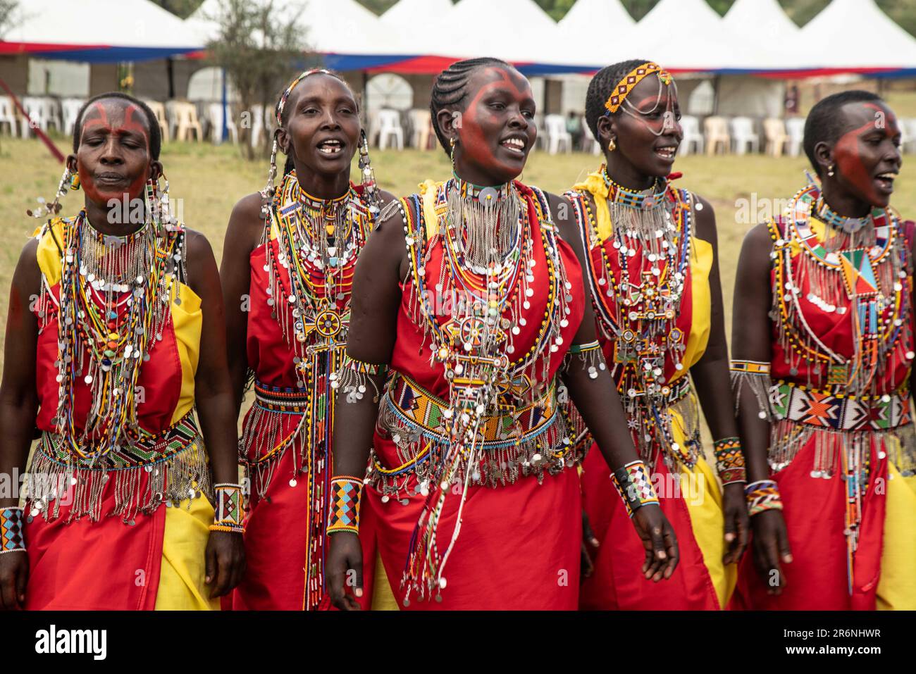 Narok, Kenya. 10th June, 2023. Maasai Women wearing their traditional attires sing during The ...