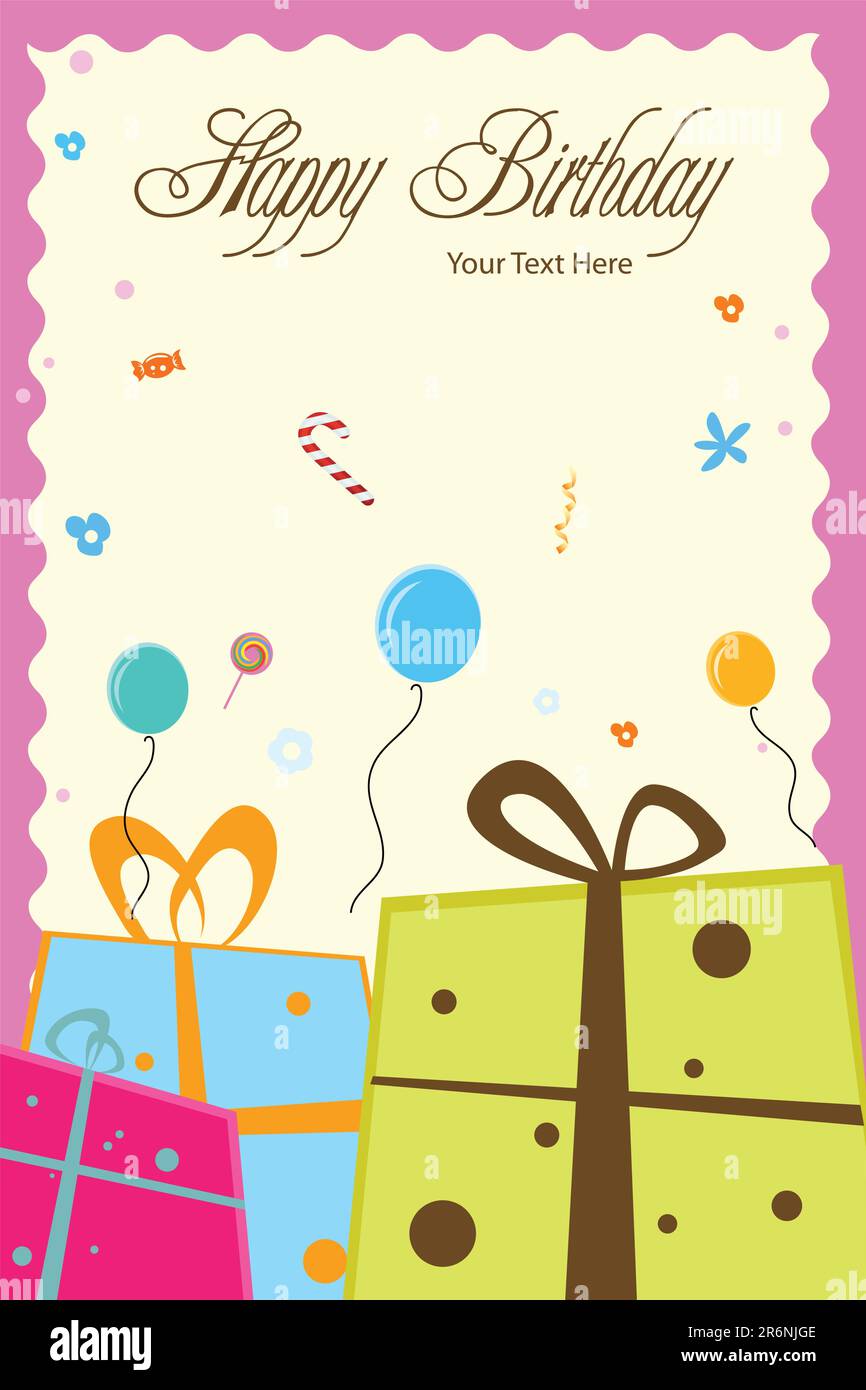 illustration of birthday card with gift boxes,balloons and happy ...