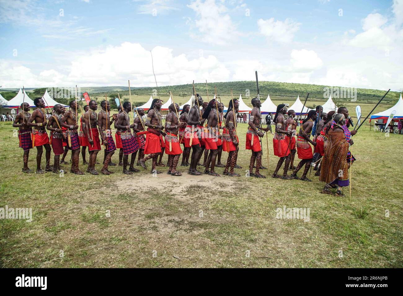 Narok, Kenya. 10th June, 2023. Maasai men wearing their traditional attires sing and dance ...