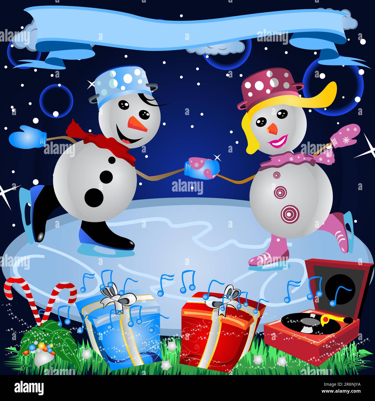 Vector illustration of a snowman couple dancing on ice with decorations ...