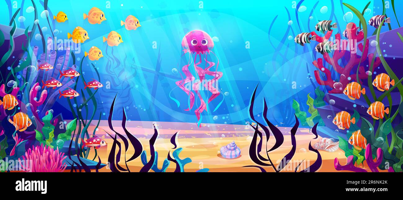 Funny jellyfish swimming in water surrounded by exotic fish, colorful ...