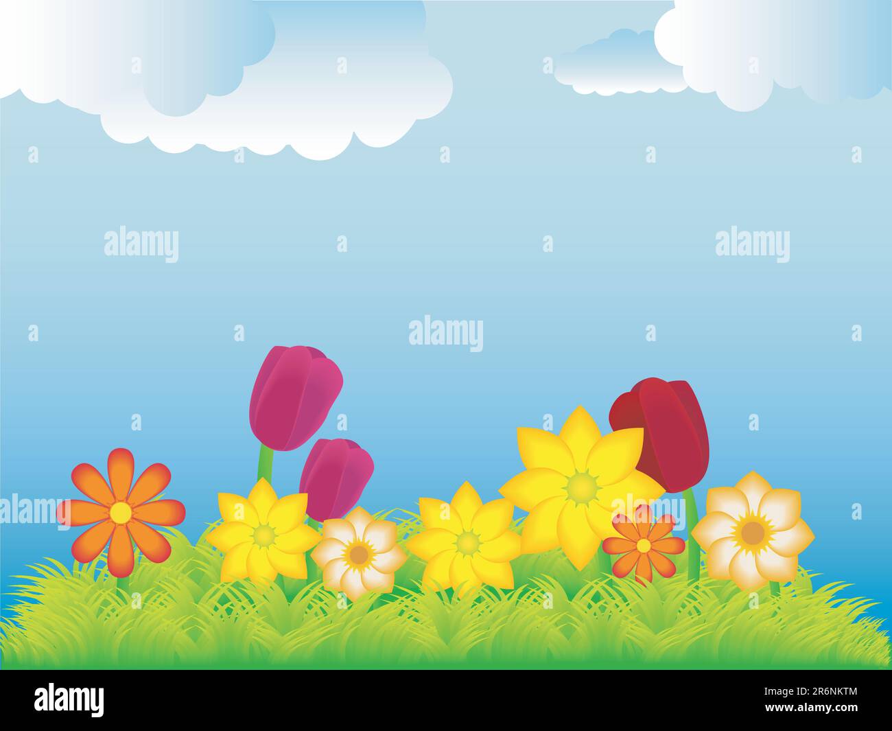 Vector illustration of spring flowers and grass on a cloud background ...