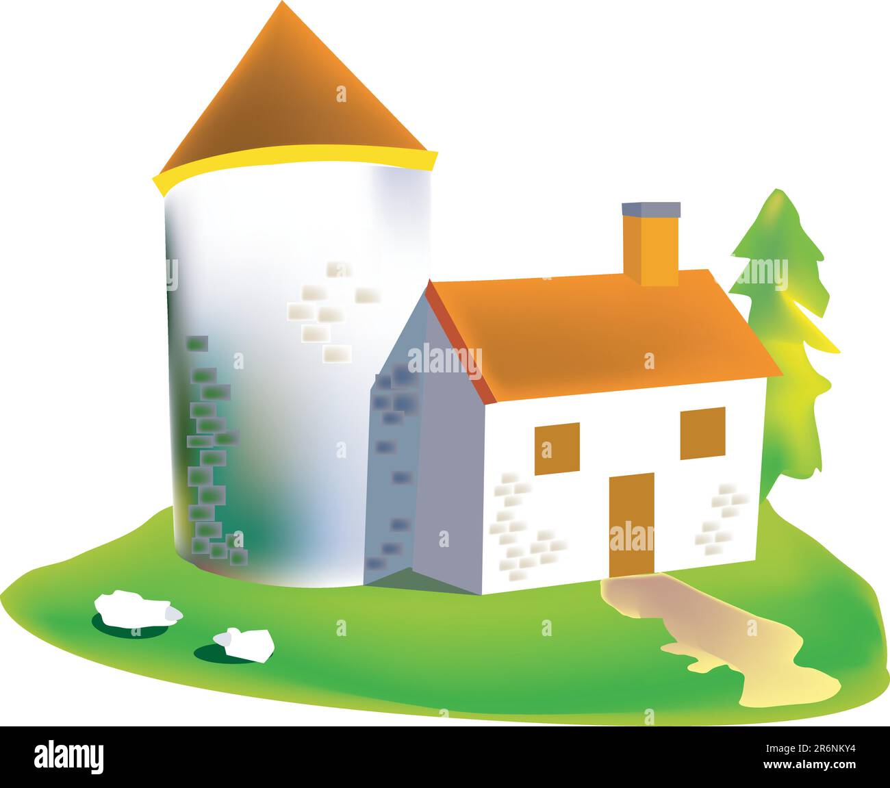 a vector illustration for a stone house, and two sheep on the grass ...