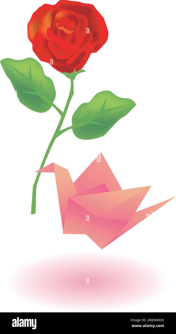 vector illustration for a paper craft bird sending a rose for lover ...