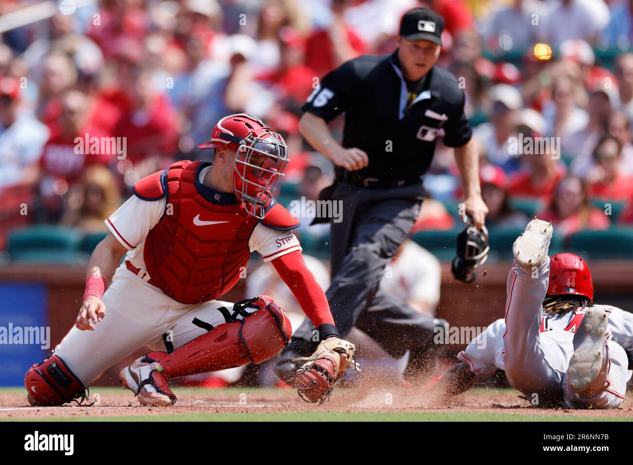 ST. LOUIS, MO - JUNE 10: Cincinnati Reds third baseman Elly De La Cruz (44) scores a run ahead ...