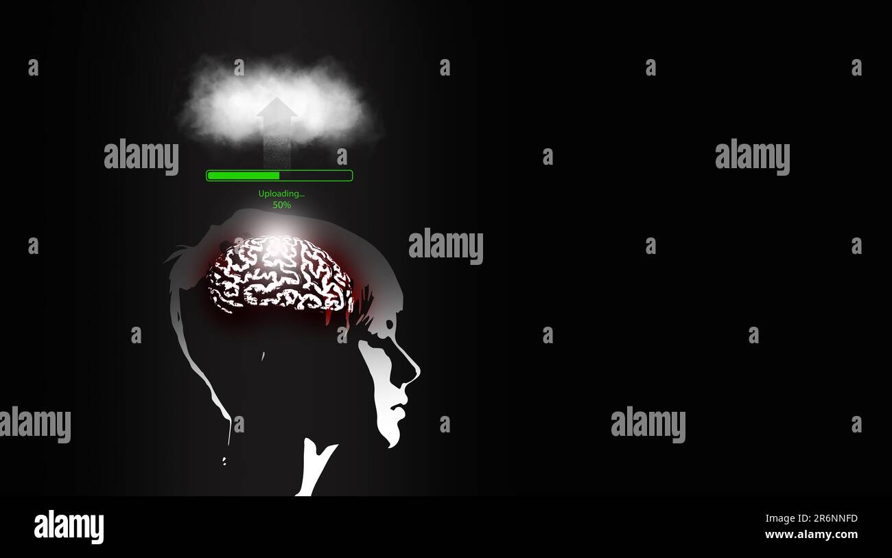 Mind uploading, Brain upload concept. Data and information are uploaded ...