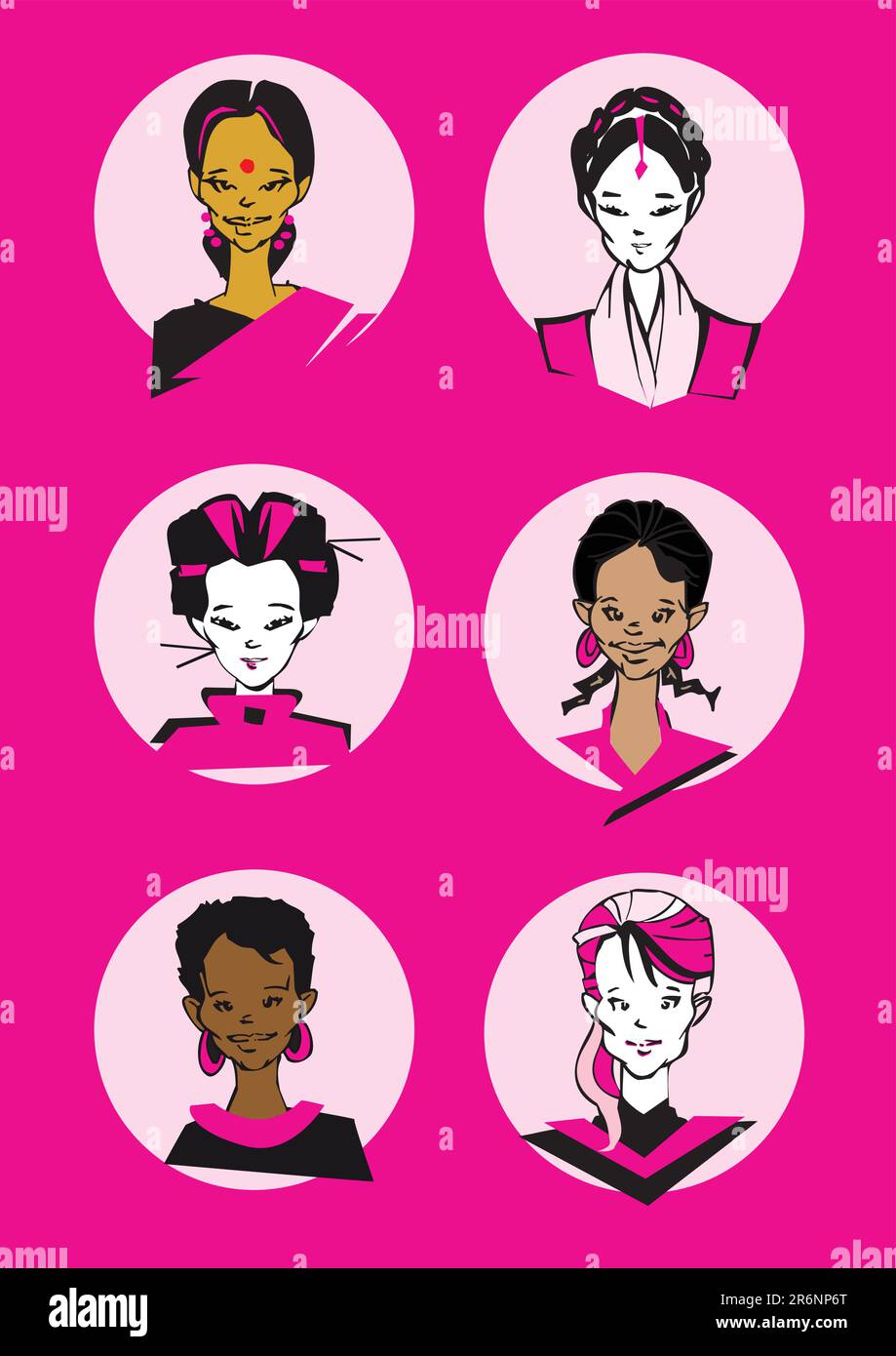 different ethnic portraits / faces of women - cartoons style Stock ...