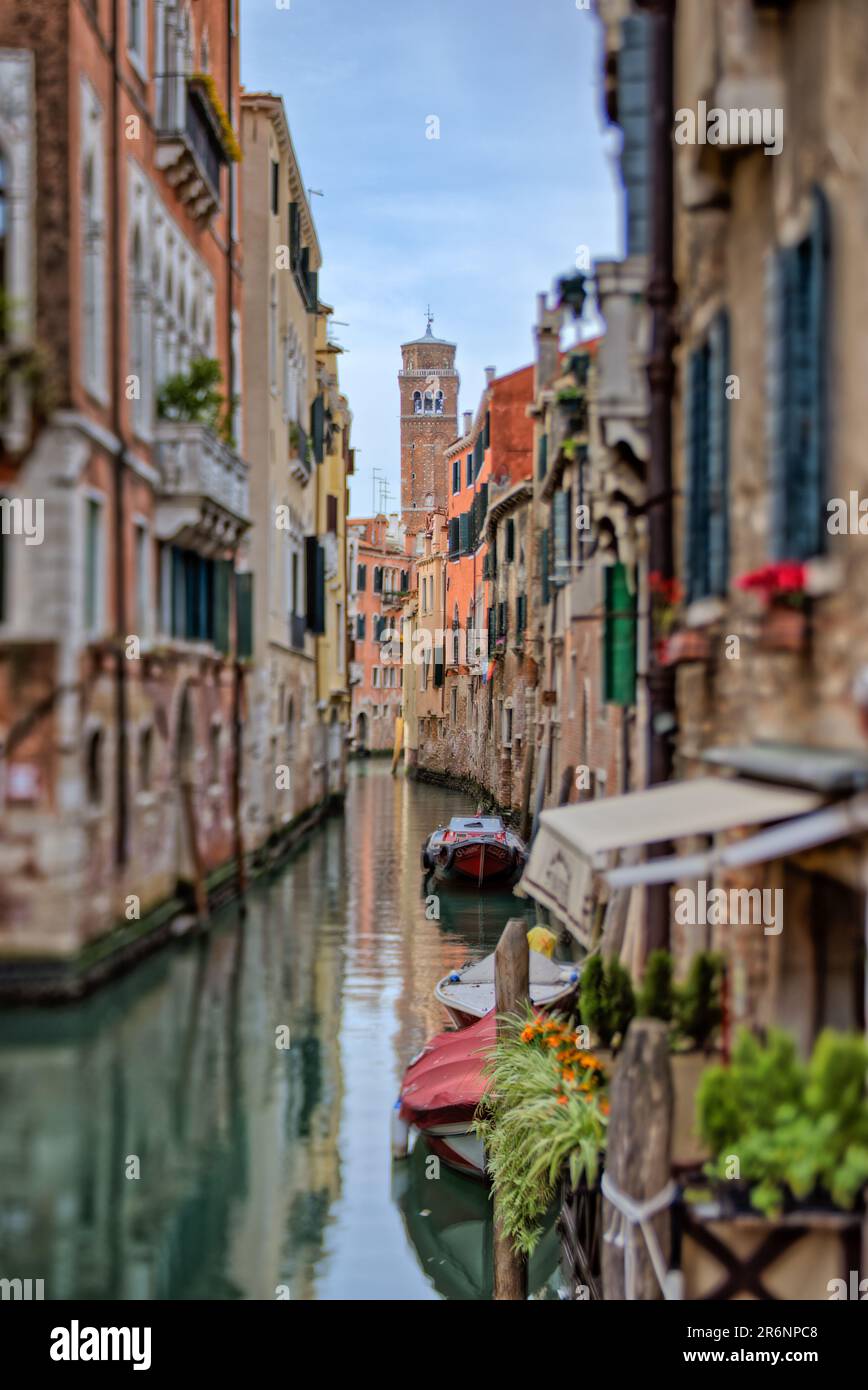 Venice Tilt-Shift: Narrow Canal and Saint Stephen Bell Tower Stock ...