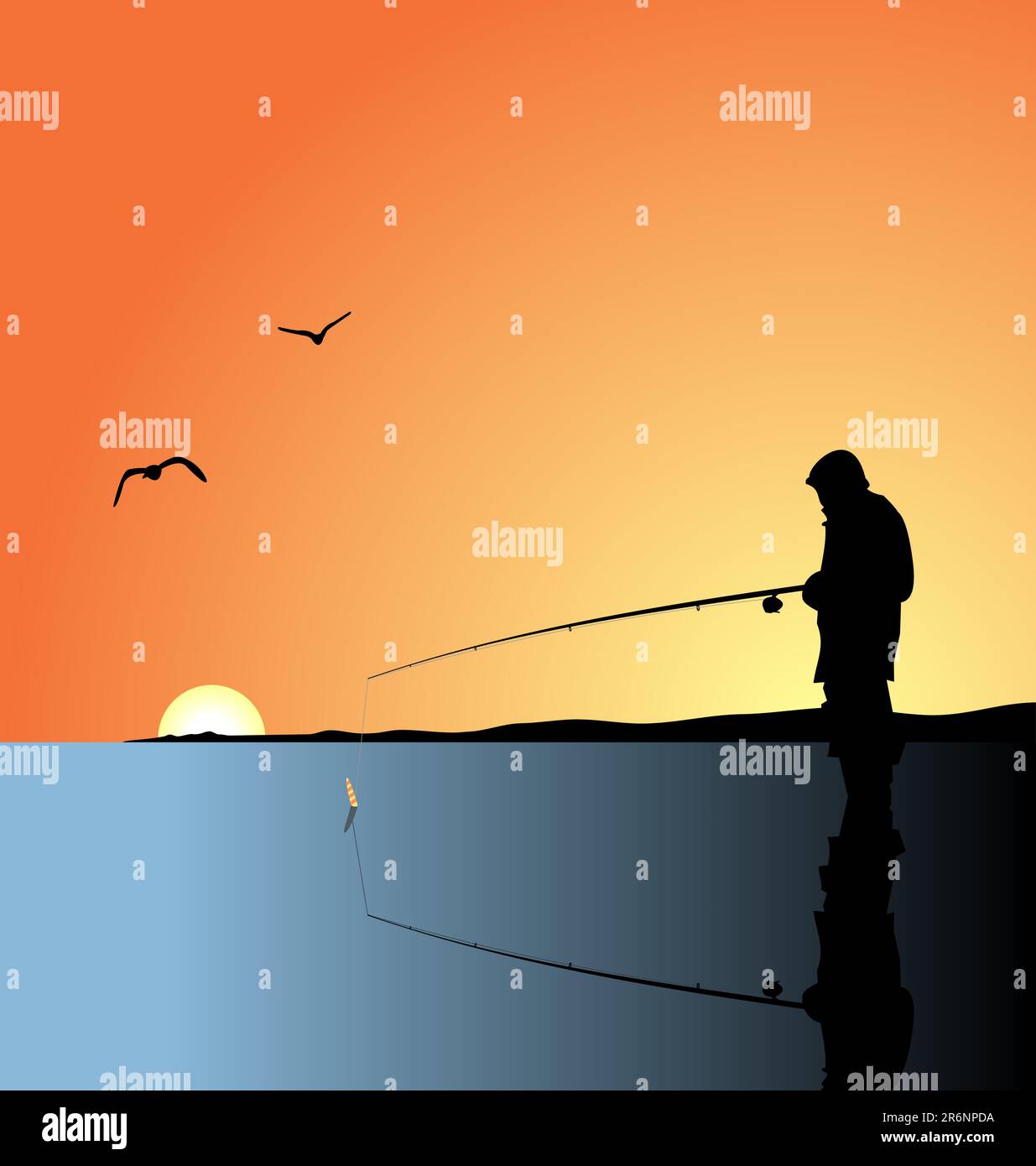 Realistic illustration fishing on lake at a dawn. Vector Stock Vector ...