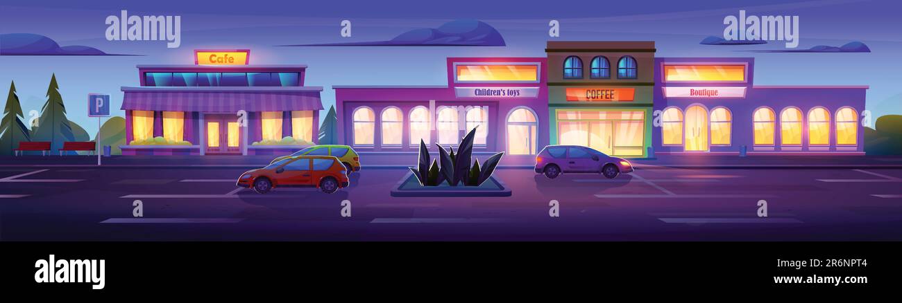 Night supermarket store building with parking exterior vector ...