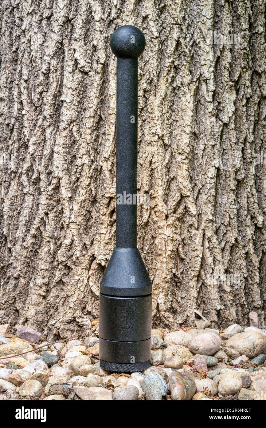 adjustable weight steel club in backyard, functional fitness concept ...