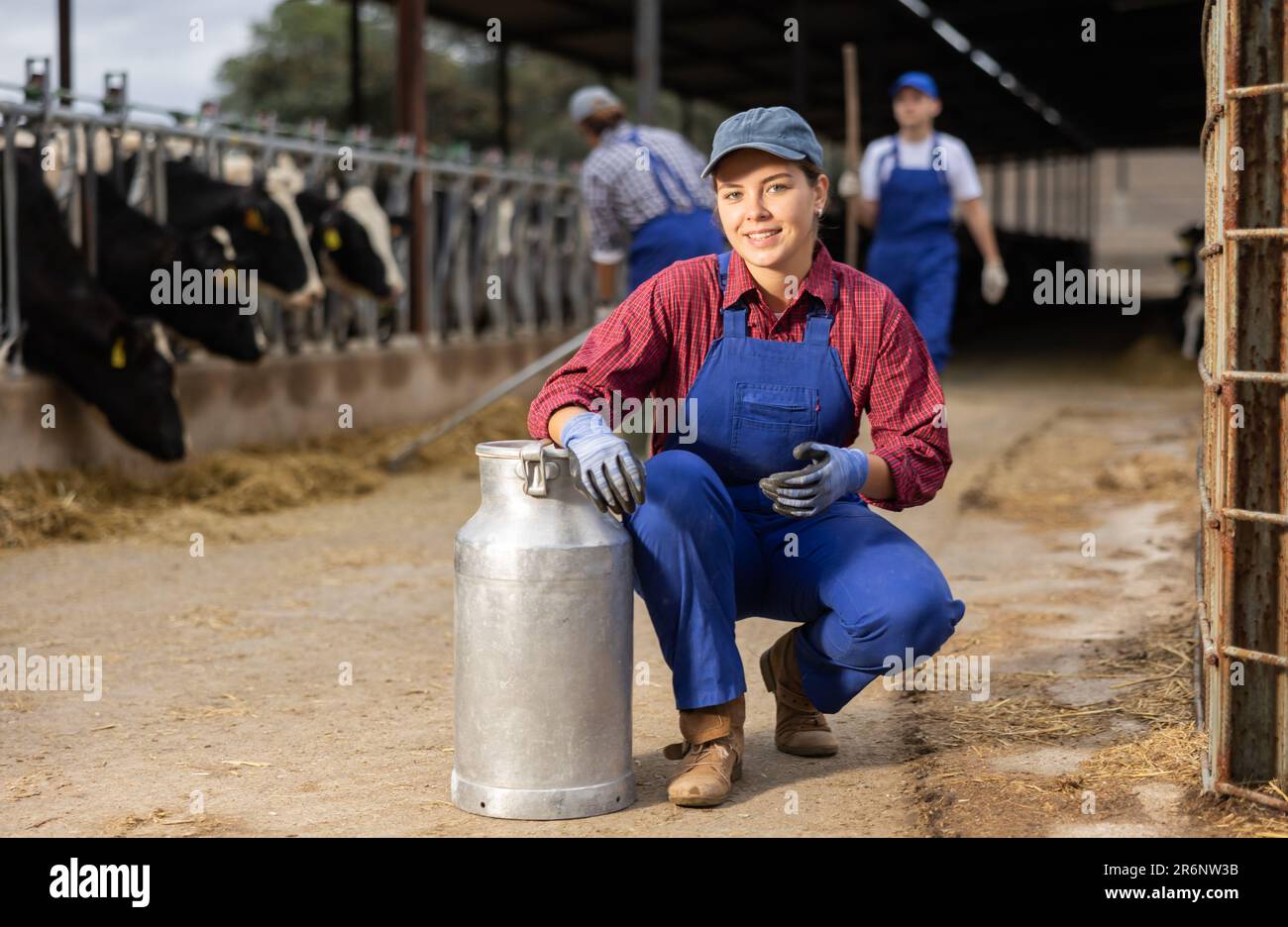 Young positive female farmer carrying milk churn near stall with cows ...