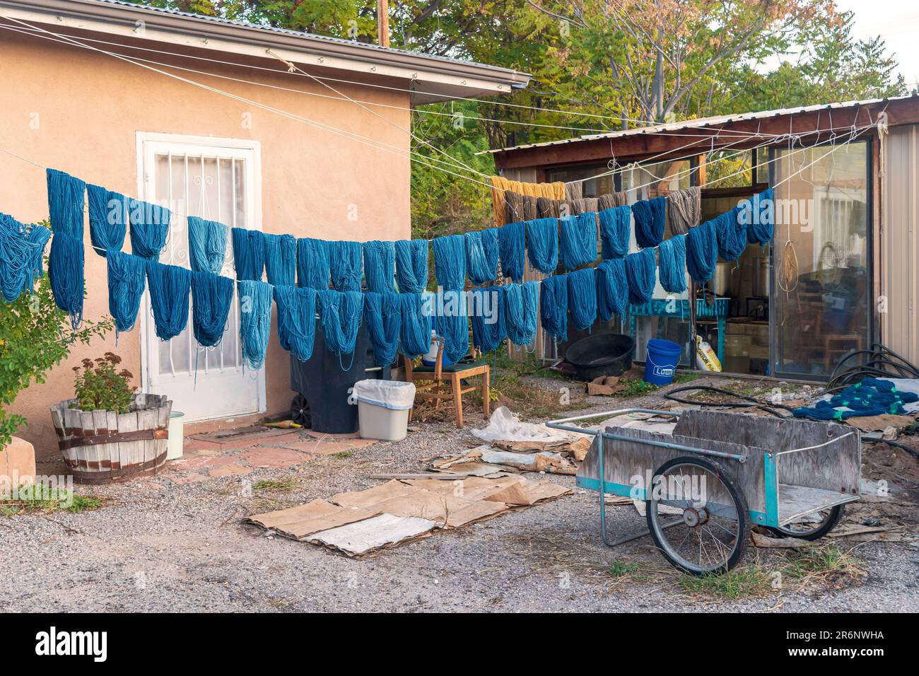 Colorful skeins of hand-dyed yarn hang to dry on rope lines in an ...