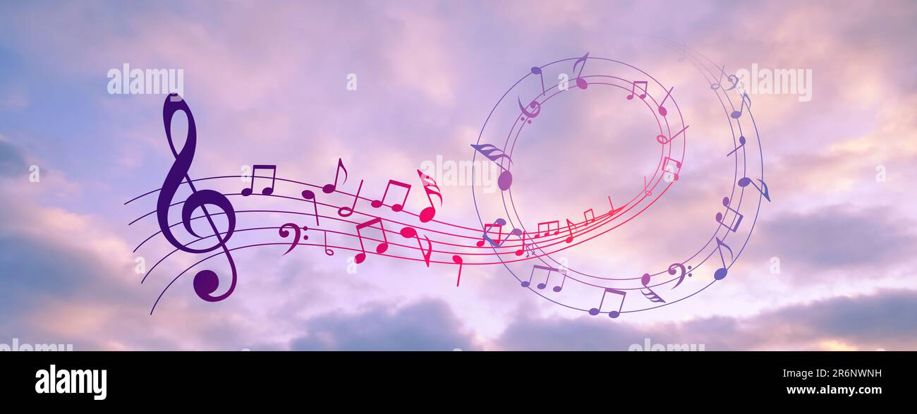 Treble clef and swirly staff with musical notes against sunset sky ...