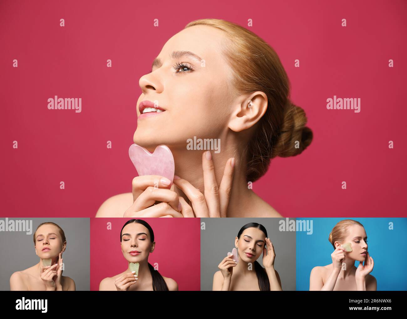 Collage with portraits of beautiful women with gua sha facial tools on ...