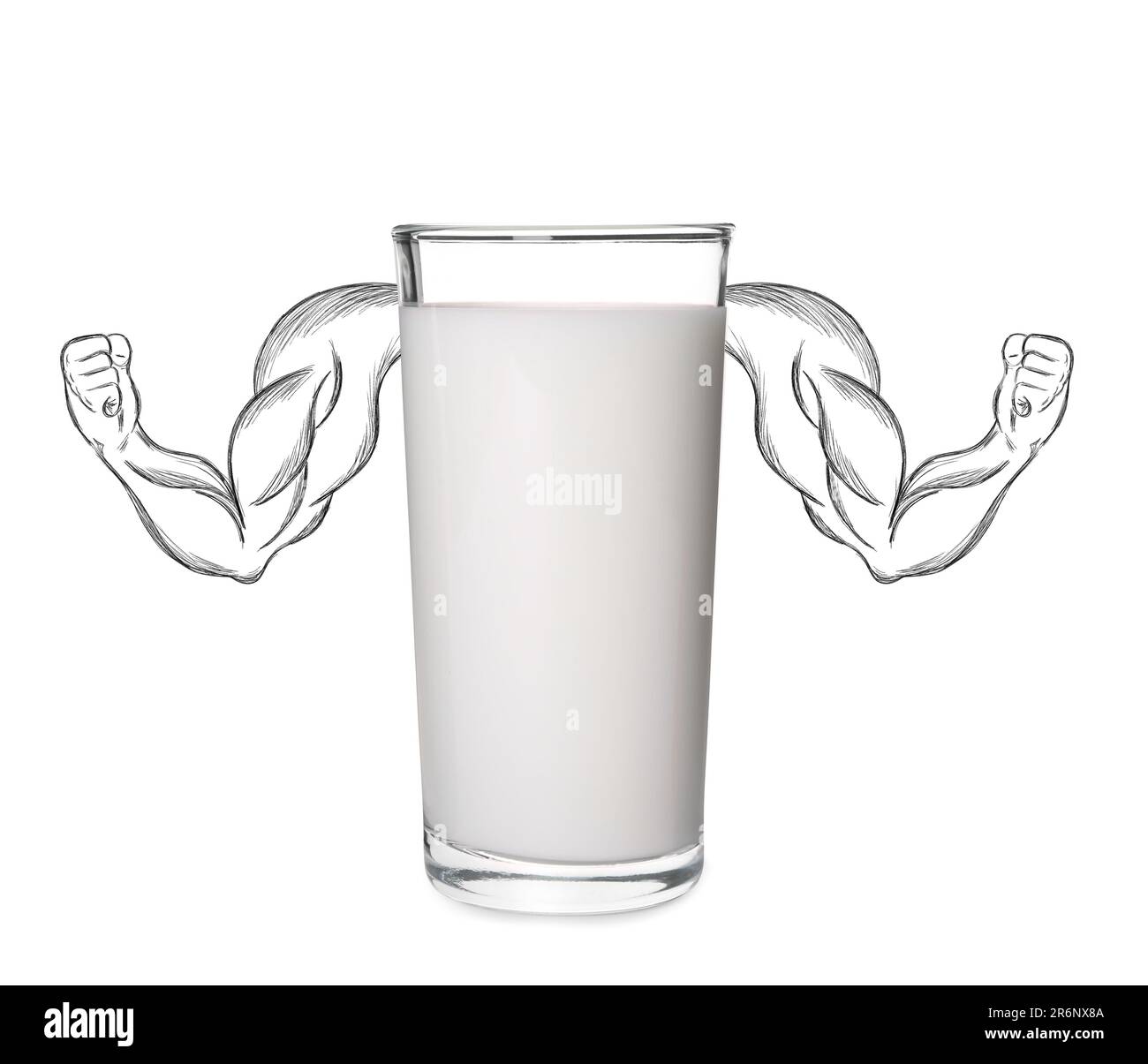 Glass of milk with illustration of bodybuilder's arms on white ...