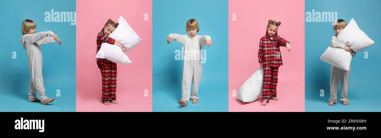 Collage with photos of children sleepwalking on different color ...