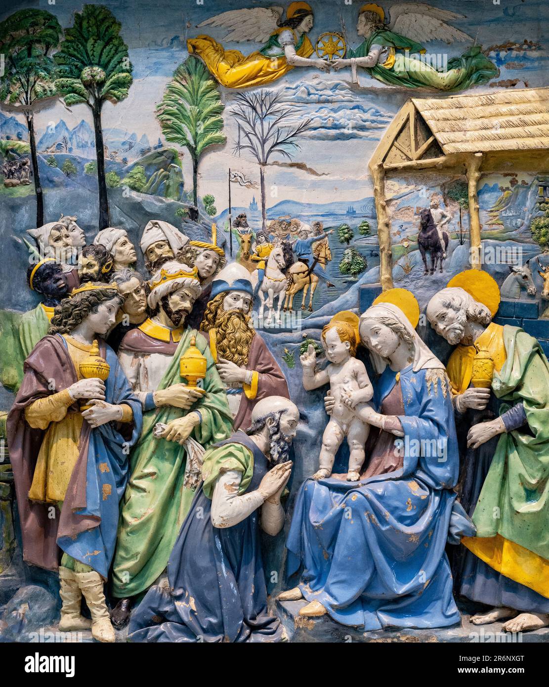 The Adoration of the Magi, altarpiece, early 16th century, by Andrea della Robbia; terracotta ...