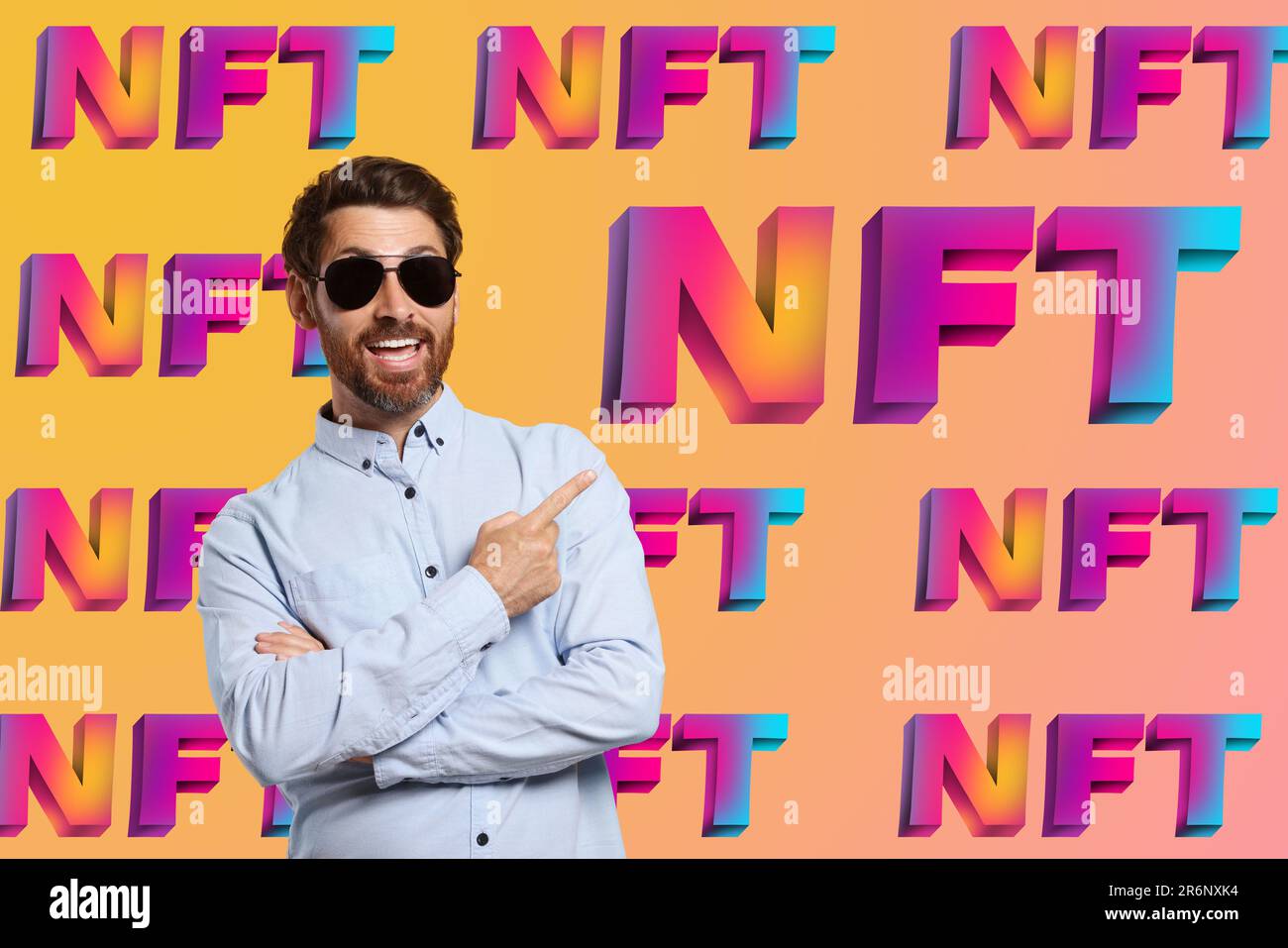 Happy man in sunglasses surrounded by abbreviations NFT on color ...