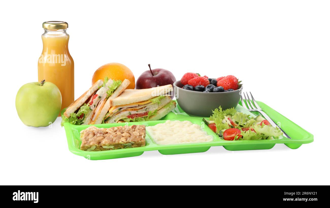 Serving tray of healthy food isolated on white. School lunch Stock Photo - Alamy
