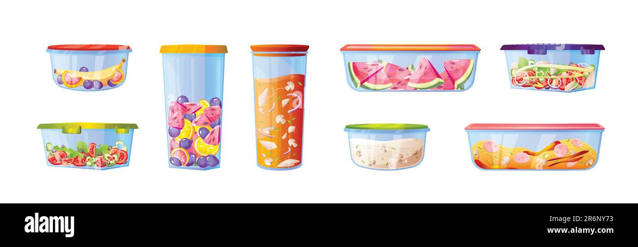 Plastic food container box with lunch salad vector icon set. Meal ...