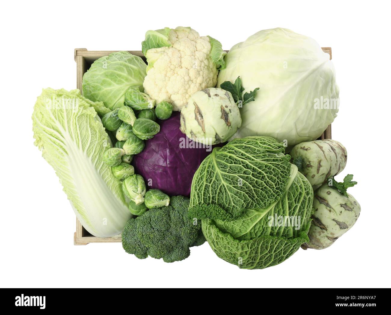 Wooden crate with different types of fresh cabbage on white background ...