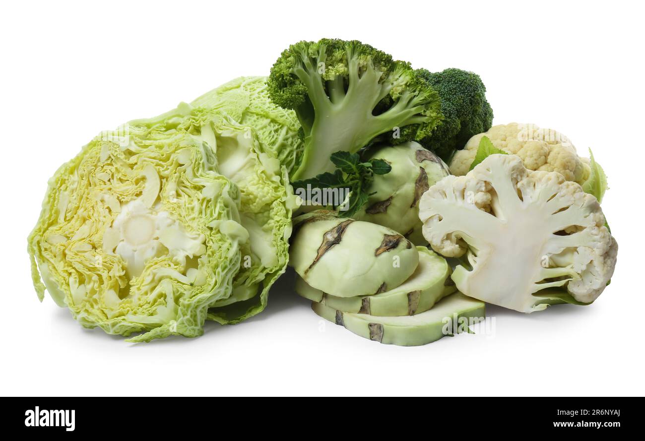 Different types of cabbage on white background Stock Photo - Alamy