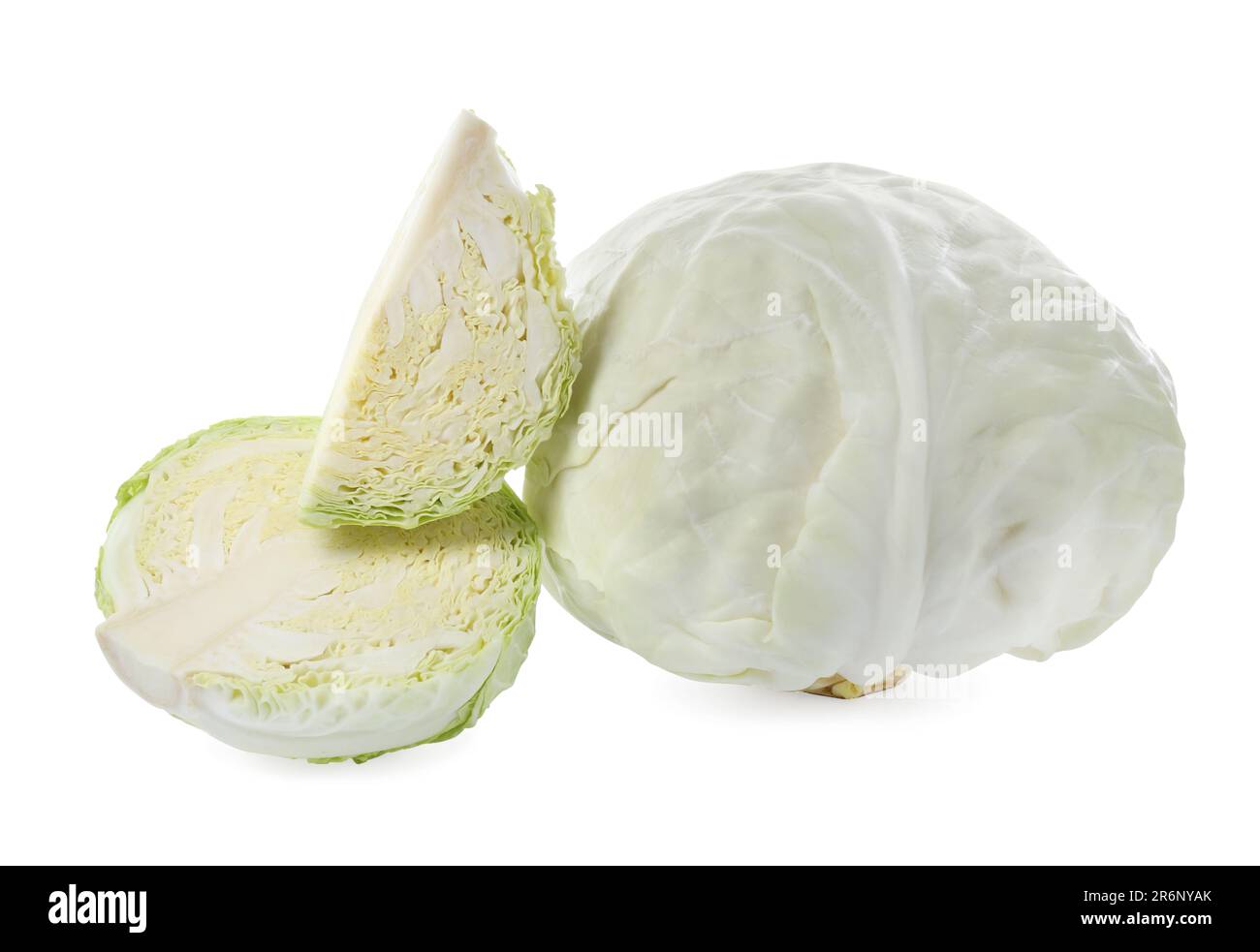 Different whole and cut types of cabbage on white background Stock ...