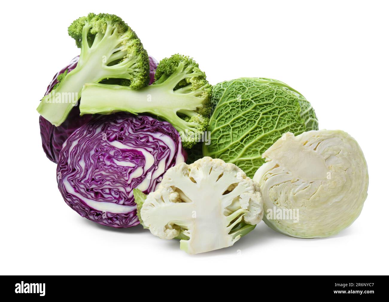 Different types of cabbage on white background Stock Photo - Alamy