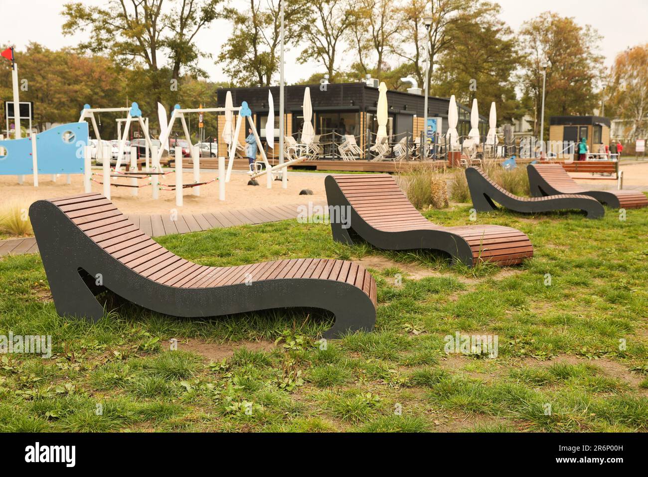 Recreation area wooden sunbeds hi-res stock photography and images - Alamy