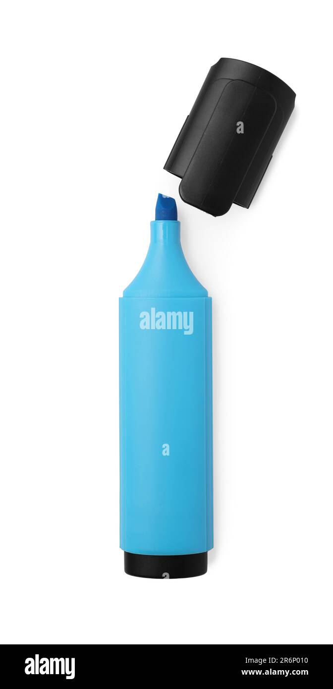 Bright blue marker isolated on white, top view Stock Photo - Alamy