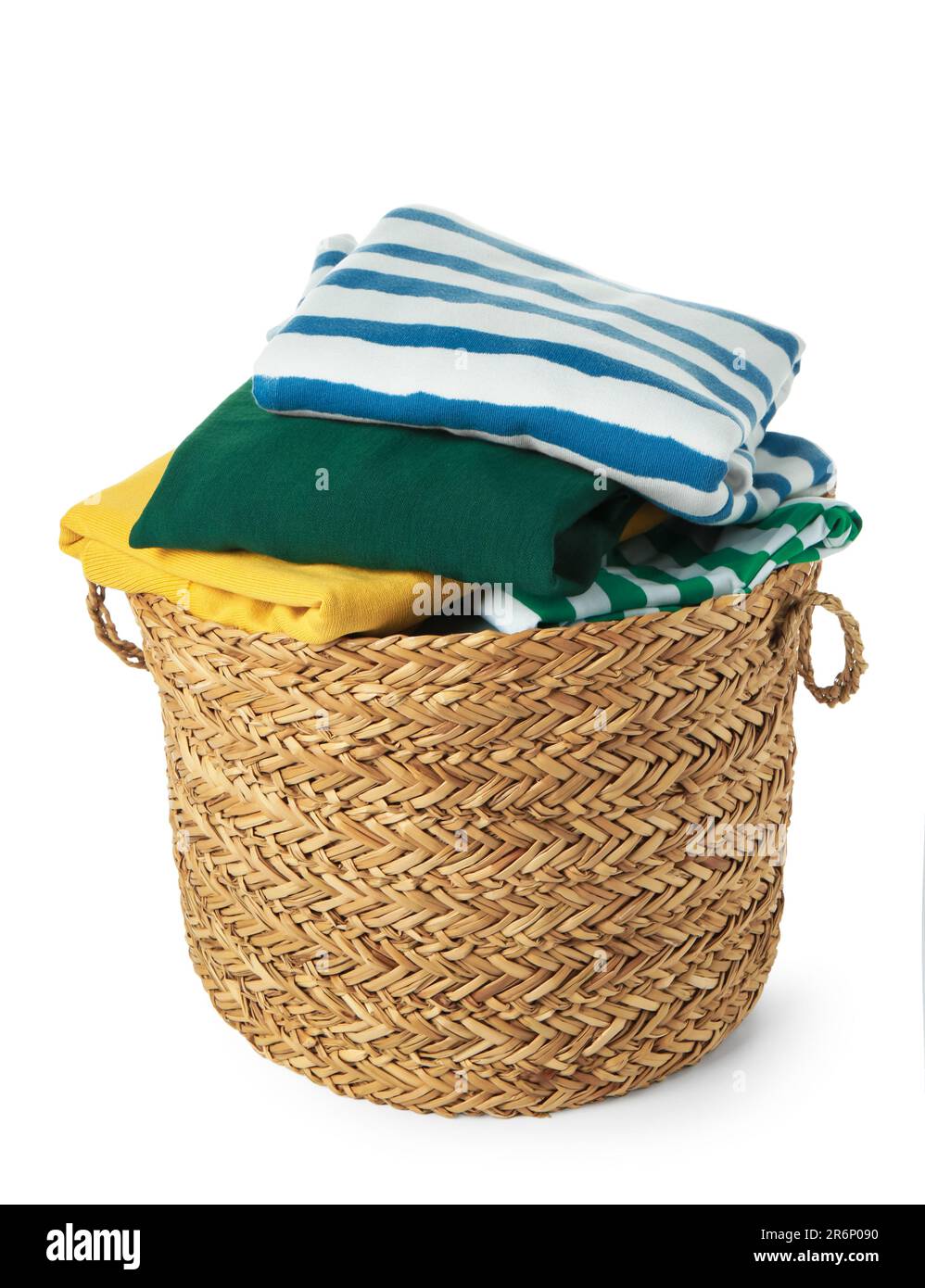 Wicker laundry basket with clean clothes isolated on white Stock Photo ...