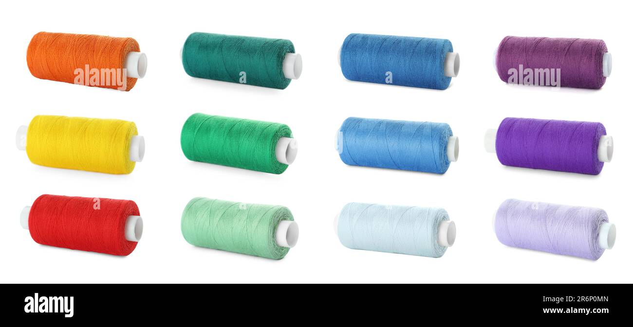 Set of different colorful sewing threads on white background Stock ...