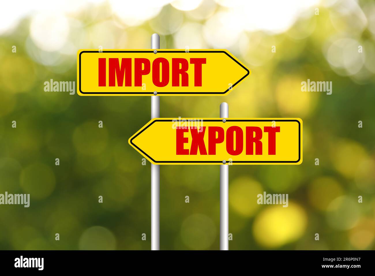 Road sign with Import and Export words on arrows pointing in opposite ...