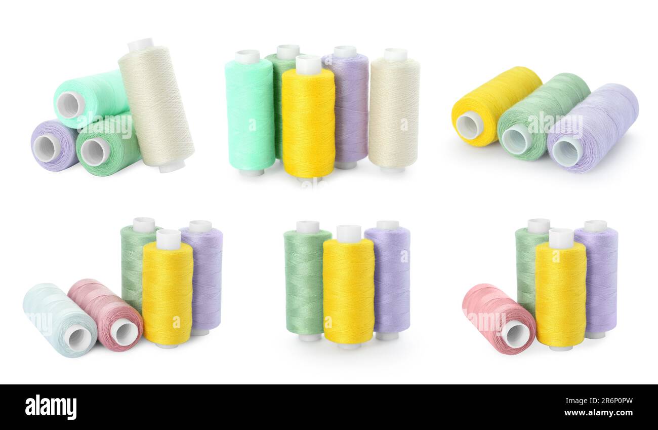 Collage with colorful sewing threads on white background Stock Photo ...