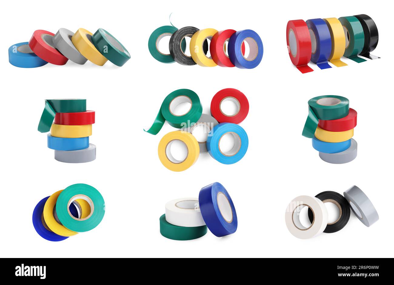 Collage with many colorful insulating tapes on white background Stock ...