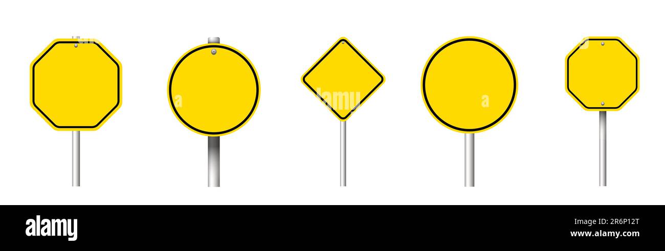 Different yellow blank road signs on white background, collage design ...