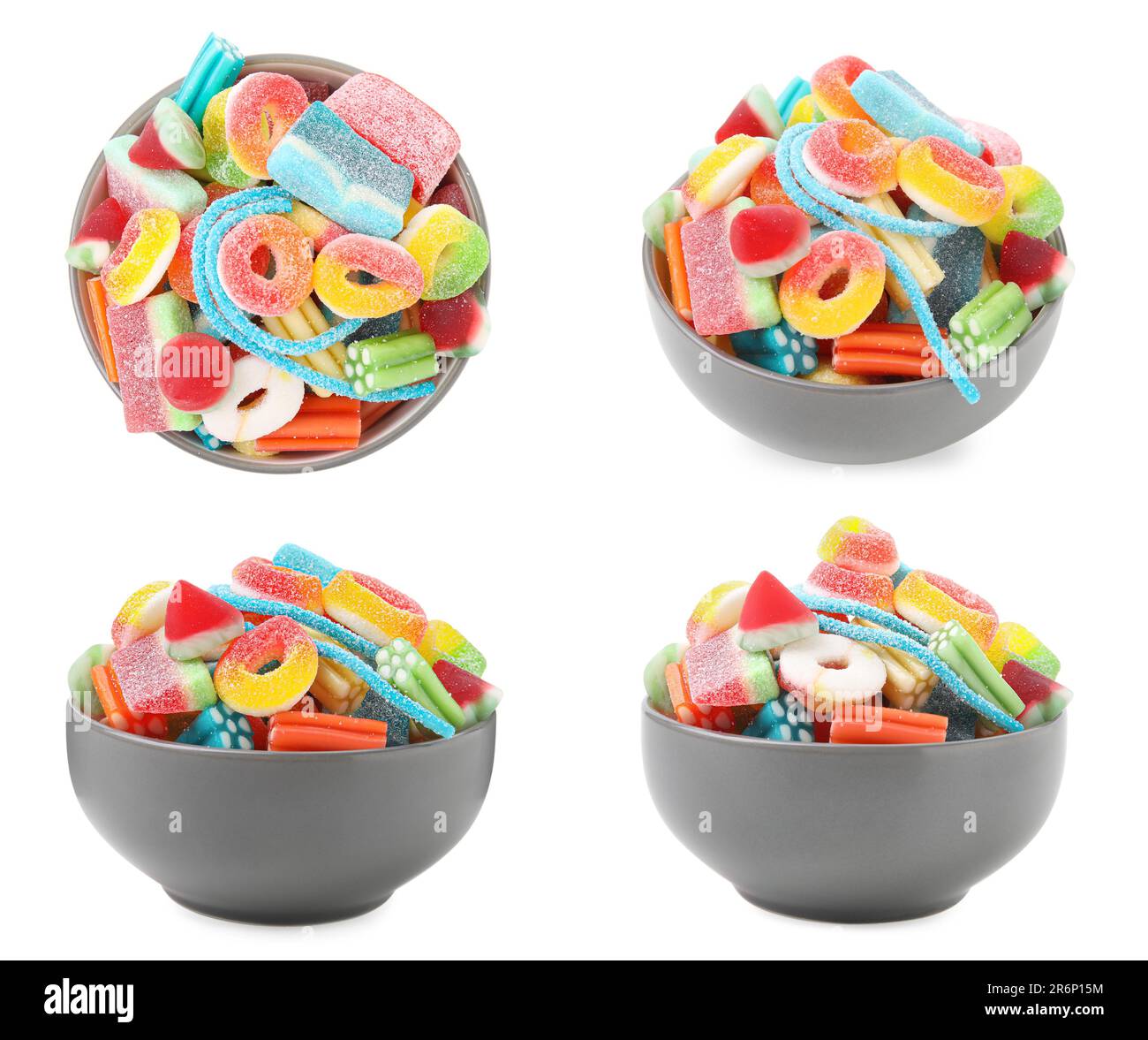 Collage with bowl of tasty jelly candies on white background Stock ...