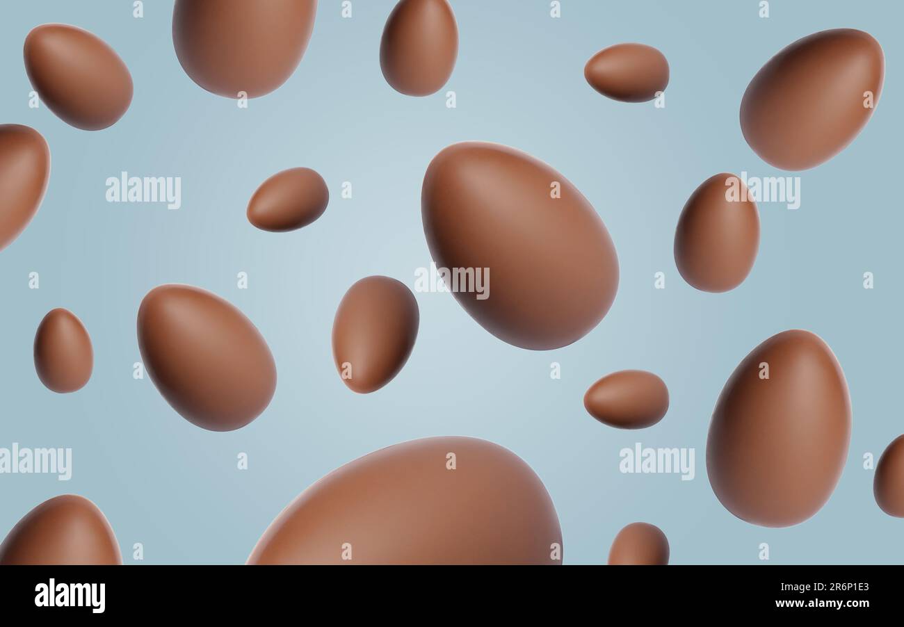 Many chocolate eggs falling on dusty light blue background Stock Photo ...